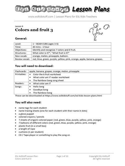 Level 1 Lesson 4 Colours And Fruit 3 Pdf Toys Lesson Plan