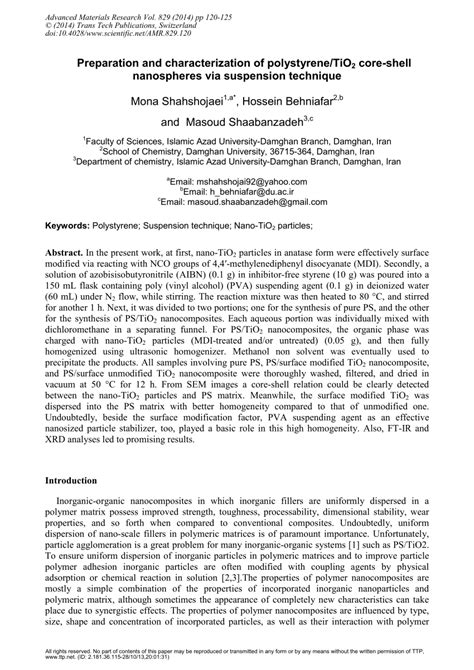 Pdf Preparation And Characterization Of Polystyrene Tio2 Core Shell Nanospheres Via Suspension