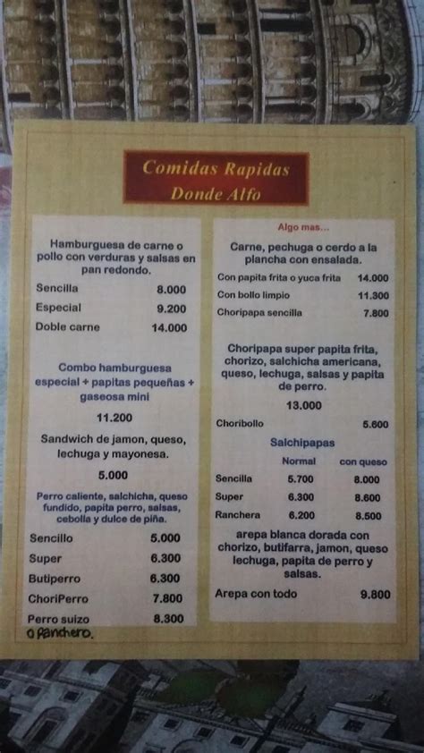 Menu At Donde Alfo Comidas Rapidas Restaurant Colombia