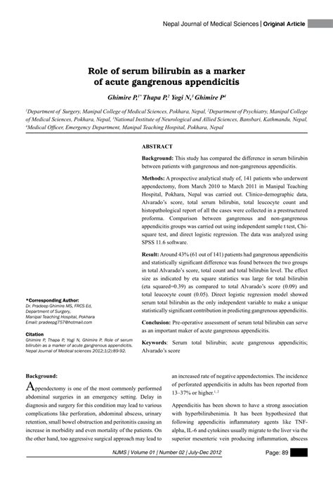 Pdf Role Of Serum Bilirubin As A Marker Of Acute Gangrenous Appendicitis