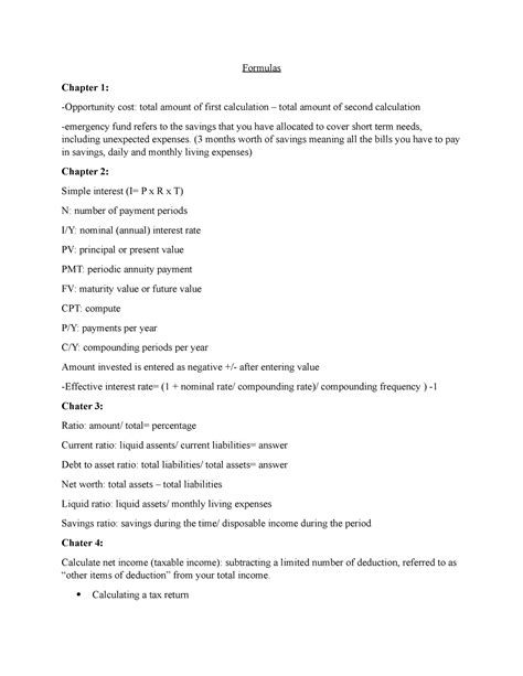 Personal Finance Notes And Formulas Formulas Chapter 1 Opportunity