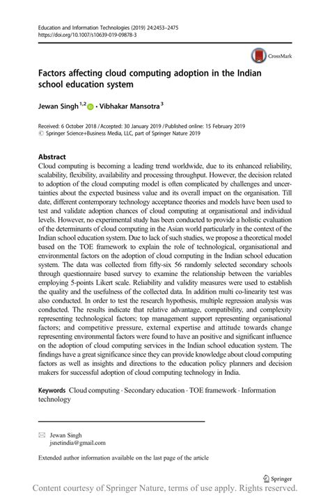 Factors Affecting Cloud Computing Adoption In The Indian School Education System Request Pdf