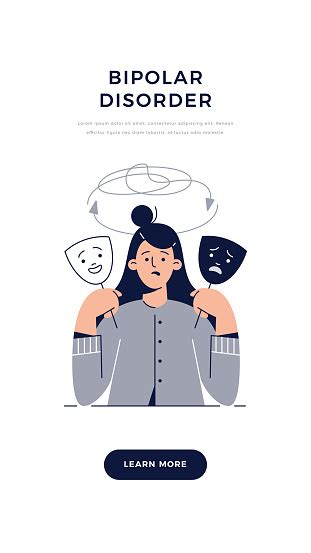 양극성 장애 조울증 배너 여자는 조울증으로 고생하고 행복하고 불행한 분위기와 두 얼굴 마스크를 보여줍니다 정신 장애 웹에 대 한