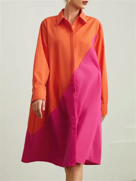 Midi Long Sleeve Regular Fit Color Block Shirt Collar Dress Stylewe