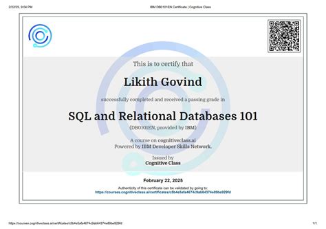 Sql Databases Ibm Learning Cognitiveclass Likith Govind