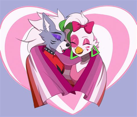 Glamrock Gal Pals Roxy And Chica Cuddling Under A Pride Flag By Ukrainian Artist Popkorny Bibi