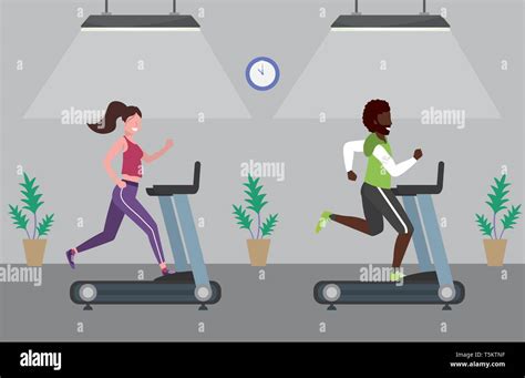 Fitness Exercise Couple Running Over Treadmill Workout Healthy Fit Lifestyle Gym Scene Cartoon
