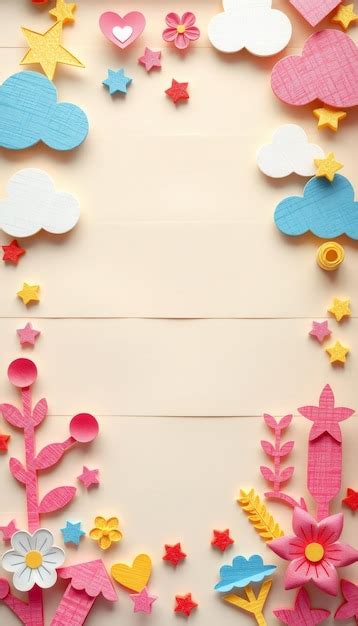Colorful Paper Cutout Flowers Stars And Clouds On A Beige Background Premium Ai Generated Image