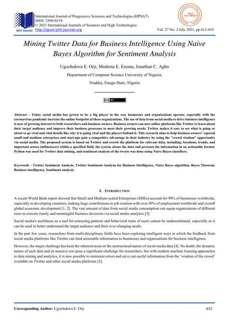 Pdf Mining Twitter Data For Business Intelligence Using Naive Bayes Algorithm For Sentiment