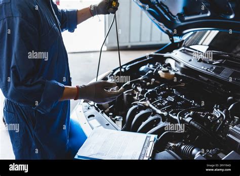 Car Mechanic Holding Checking Gear Oil To Maintenance Vehicle By