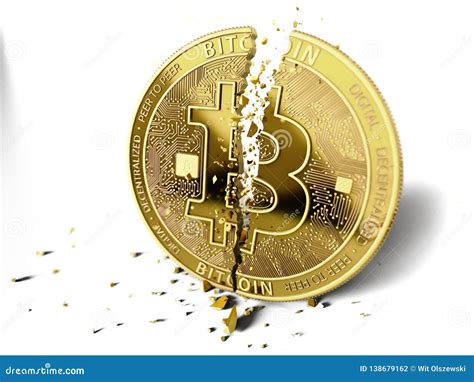 A Broken Or Cracked Bitcoin On White Background Isolated On White
