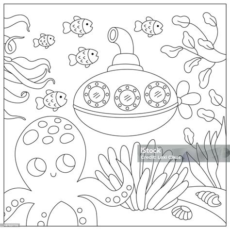 벡터 흑백은 문어와 잠수함이 있는 바다 풍경 그림 모래 해초 산호 산호초가 있는 해양 생물 라인 장면 귀여운 사각형 물 자연