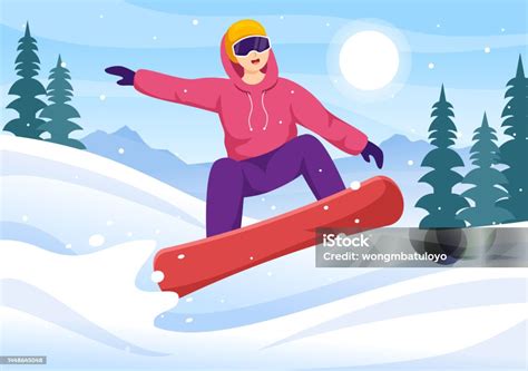 사람들이 눈 덮인 산 쪽에서 미끄러지고 점프하거나 평평한 만화 손으로 그린 템플릿 일러스트레이션 내부의 슬로프에서 점프하는 스노우보드 겨울에 대한 스톡 벡터 아트 및 기타