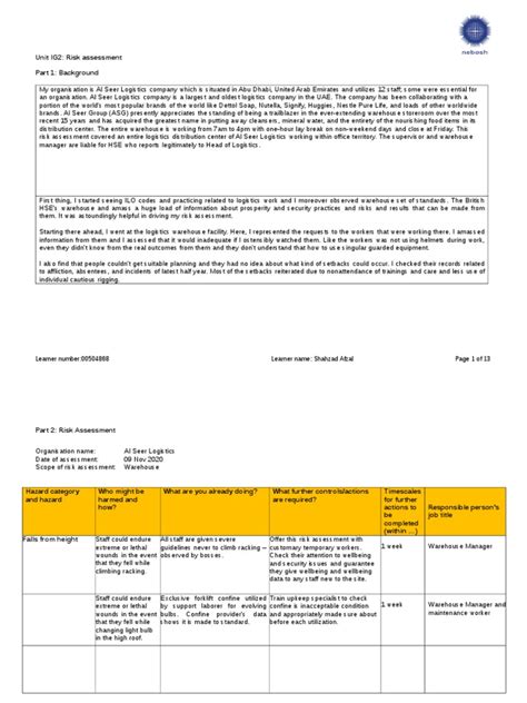 Unit Ig2 Risk Assessment Warehouse 1 Pdf Occupational Safety And