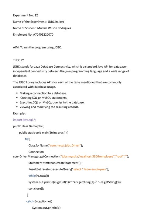 Java Experiment 12 Bcse2118 Experiment No 12 Name Of The Experiment Jdbc In Java Name Of