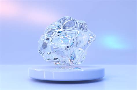 유리 3d 렌더에 광선의 굴절 효과와 연단에 크리스탈 또는 보석 돌 보라색 배경에 다이아몬드에서 무지개 플레어라운드 블루 받침대 디스플레이 제품에 대한 기하학적 단계 0명에