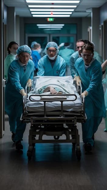 Doctors Pushing Emergency Stretcher Bed In Corridor Premium Ai