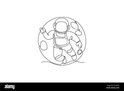 Single Continuous Line Drawing Of Floating Science Astronaut In Spacewalk Flying Against Full