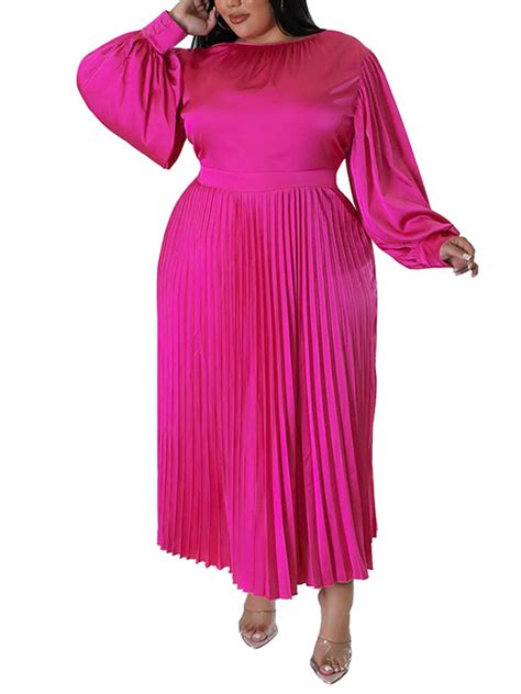 Capreze Womens Solid Color Maxi Dress Long Sleeve Crew Neck Plus
