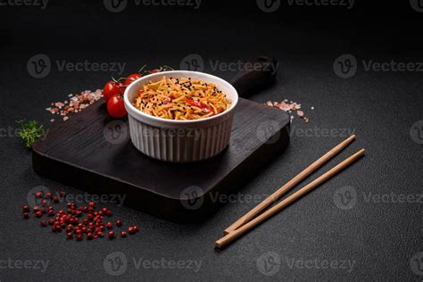 Delicious Udon Noodles With Meat Or Seafood Vegetables Salt And