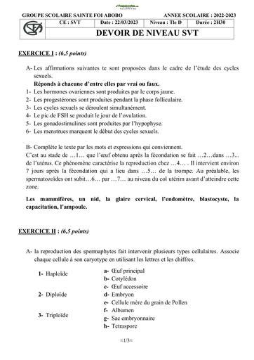 Sujet Svt Terminale D Groupe Scolaire Sainte Foi 2022 2023