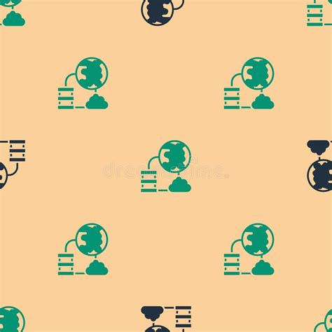 Green And Black Network Cloud Connection Icon Isolated Seamless Pattern On Beige Background