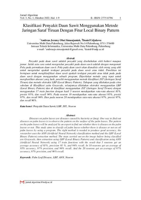 Pdf Klasifikasi Penyakit Daun Sawit Menggunakan Metode Jaringan Saraf Tiruan Dengan Fitur