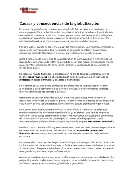 Causas Y Consecuencias De La Globalizacion Pdf Globalización Business