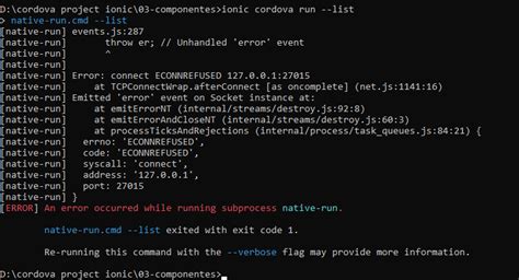 Ionic Framework Cordova Run List Causes ECONNREFUSED Stack Overflow