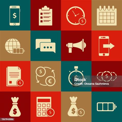 배터리 충전 수준 표시기 설정 달러 기호와 동전 돈 스마트 폰 휴대 전화 시간은 음성 거품 채팅 지구 지구 메가 폰 아이콘입니다 벡터 Brand Name Online