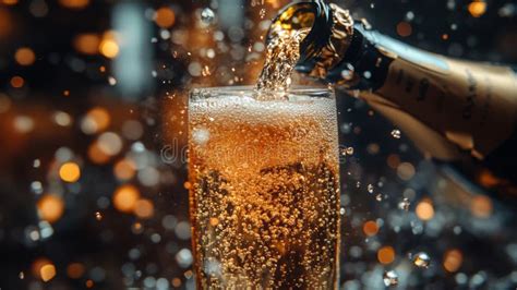 Close Up Of Sparkling Champagne Pouring Into Glass Creating Bubbles