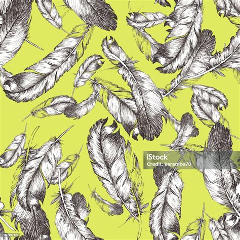 트렌디 한 색상 배경에 새 깃털의 흰색과 검은 색 스케치 그림 원활한 패턴 검은색에 대한 스톡 벡터 아트 및 기타 이미지