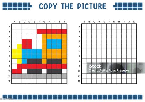 그림을 복사하고 그리드 이미지를 완성합니다 사각형으로 그리는 교육용 워크시트 셀 영역 색칠 어린이의 유치원 활동 만화 벡터 픽셀 아트 기차 기관차 그림입니다 개발에 대한