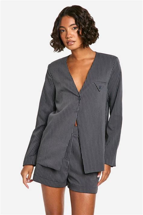 Tall Collarless Pinstripe Tailored Blazer Boohoo Uk