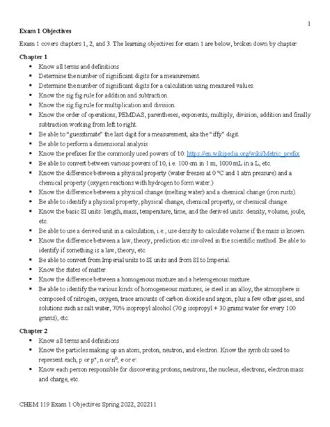 Exam 1 Objectives Important Chem 119 Exam 1 Objectives Spring 2022 202211 1 Exam 1