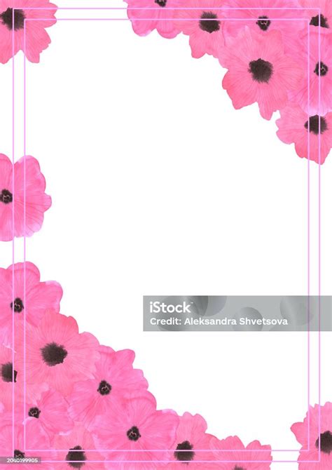 손으로 그린 수채화 분홍색 양 귀비 꽃 꽃다발 프레임 테두리 흰색 배경에 고립되어 있습니다 엽서 포스터 및 기타 인쇄물에 사용할 수 있습니다 0명에 대한 스톡 벡터 아트 및
