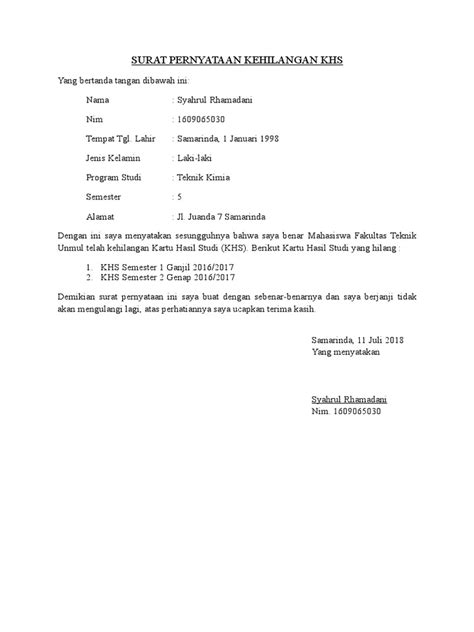 Detail Surat Pernyataan Kehilangan Koleksi Nomer