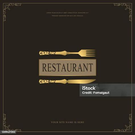 고급 레스토랑 메뉴 로고 템플릿입니다 골든 커틀러리 우아한 그려진 포크와 칼 비문과 창조적 인 모노그램 카페 레스토랑 바에 대한 브로셔 요리 디자인 벡터 일러스트레이션 고풍