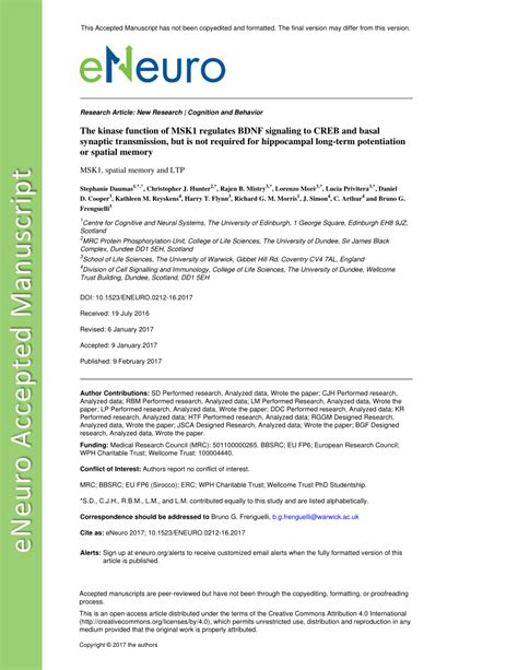 Pdf The Kinase Function Of Msk1 Regulates Bdnf Signaling To Creb And