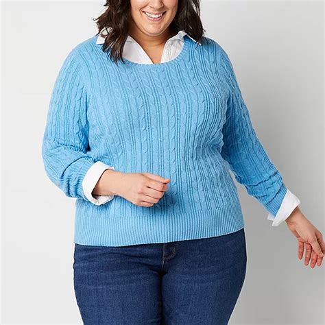 St Johns Bay Plus Womens Crew Neck Long Sleeve Cable Knit Pullover
