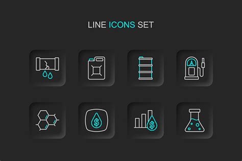 라인 오일 휘발유 시험관 파이 차트 및 달러 기호 분자 오일 휘발유 또는 주유소 배럴 휘발유 캐니스터 및 깨진 파이프 밸브 아이콘으로 드롭을 설정합니다 벡터 0명에 대한