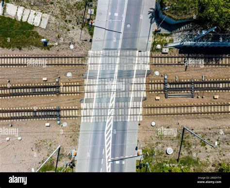 Railroad Level Crossing With Half Closed Barriers Railway Tracks With