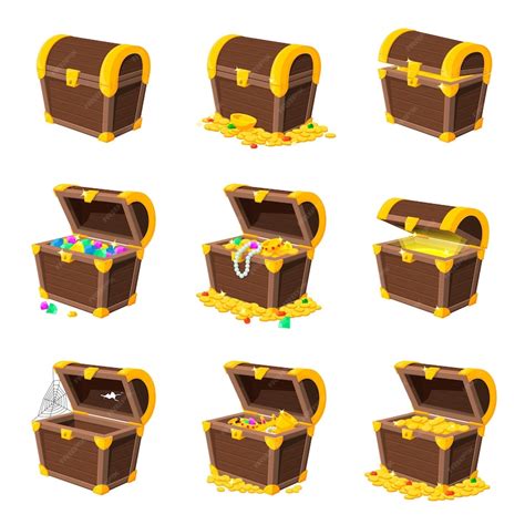 Baú De Madeira Dos Desenhos Animados Caixa De Moedas Moedas De Ouro