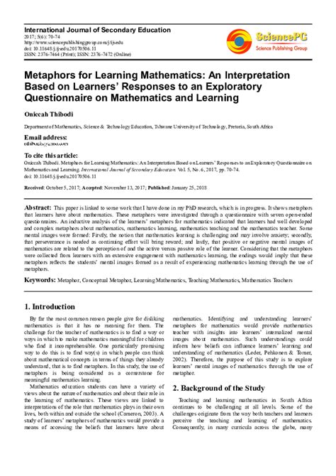Pdf Metaphors For Learning Mathematics An Interpretation Based On Learners Responses To An