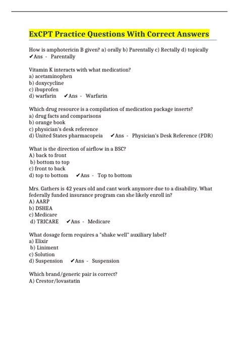 ExCPT Practice Questions With Correct Answers CERTIFICATION OF PHARMACY TECHNICIANS Stuvia US