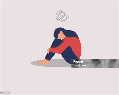 우울한 여성 캐릭터는 바닥에 앉아 무릎을 껴안고 낙서 위에 있습니다 정신 건강 개념 우울증 양극성 장애 치매 강박 외상 후