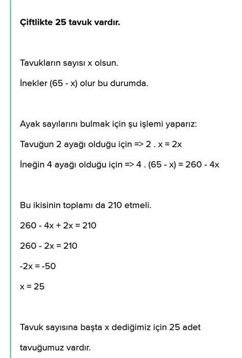 Bir kümeste bulunan tavuk ve ineklerin topl baş sayısı 65 olup toplam