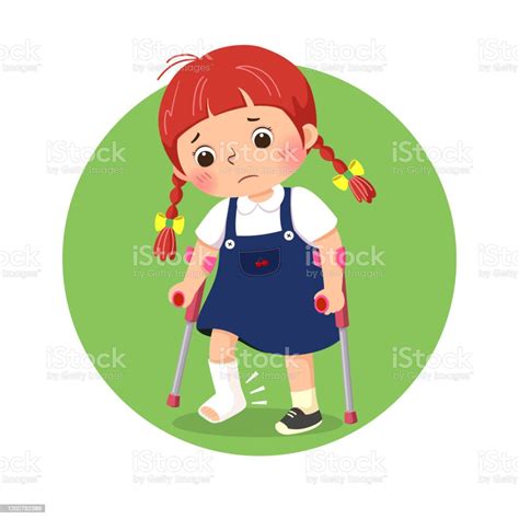 목발을 사용하여 걷는 부러진 다리 붕대 캐스트와 어린 소녀의 벡터 그림 건강 문제 개념입니다 아이에 대한 스톡 벡터 아트 및