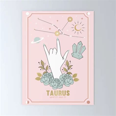 A Pink Poster With The Words Taurus And Flowers