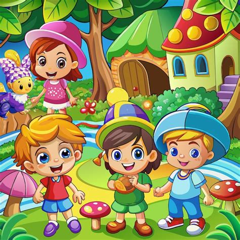 Una Ilustración De Dibujos Animados De Niños Jugando En Un Parque Con